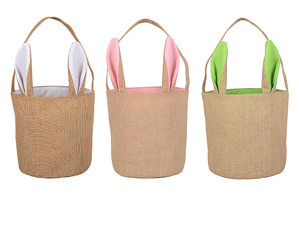 KEFAN 3 Pack Easter Bunny Baskets Jute Burlap Easter Bags with Ears Stand Up 8 x 8 x 9 Inch