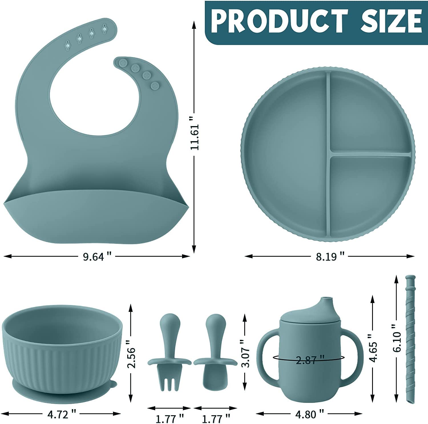 Silicone Baby Feeding Set, 2 Adjustable Bibs with Food Collectors, 1 Suction Cup Divider, 1 Suction Cup, 1 Sippy Cup,1 Stage 1 Spoon and 1 Fork, Baby Led Weaning Utensils,Toddler Self Feeding Set