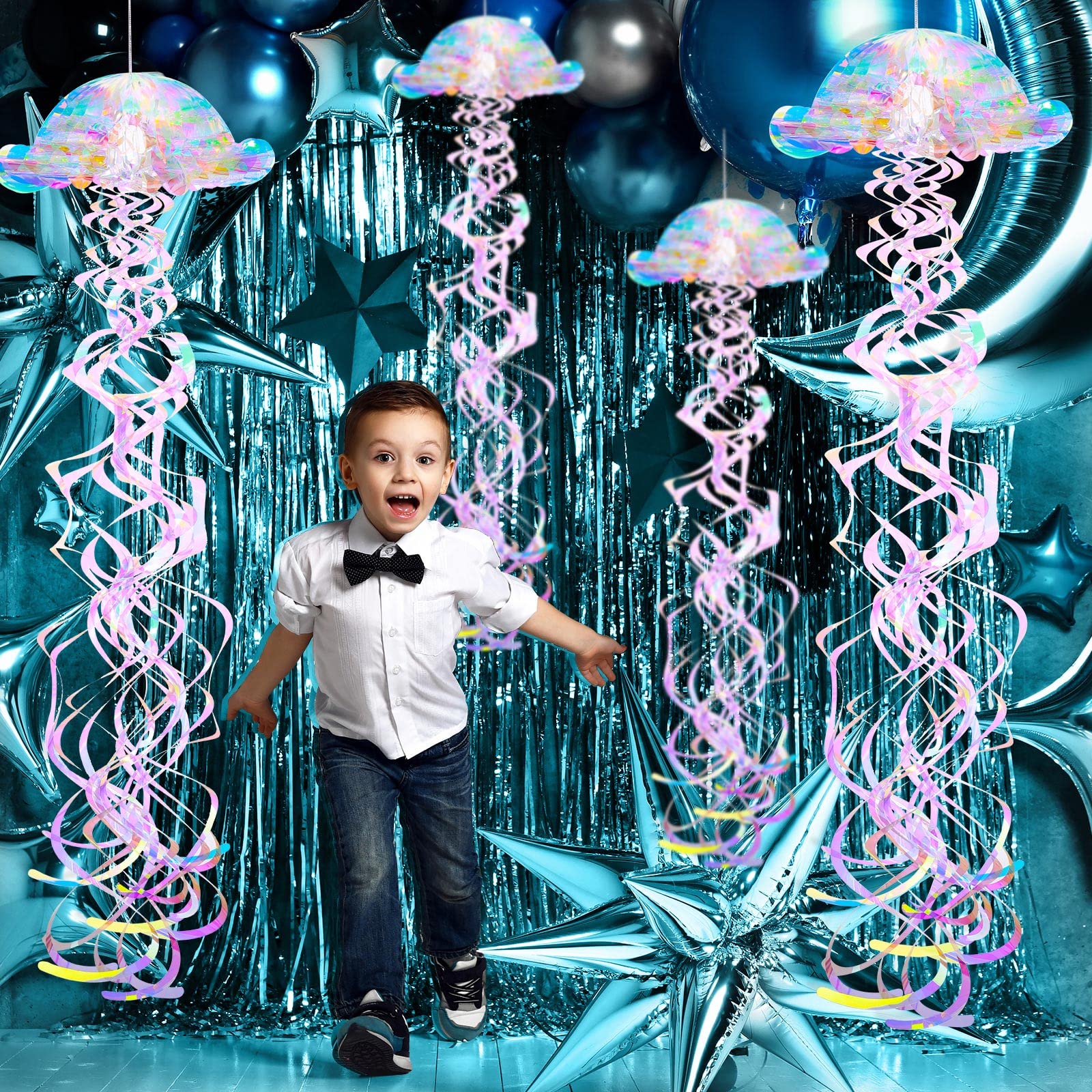 6 Pcs Under Sea Mermaid Party Decoration, Include Glitter Iridescent Jellyfish Decor, Light Blue Metallic Tinsel Foil Fringe Curtains Backdrop for Ocean Theme Birthday Party