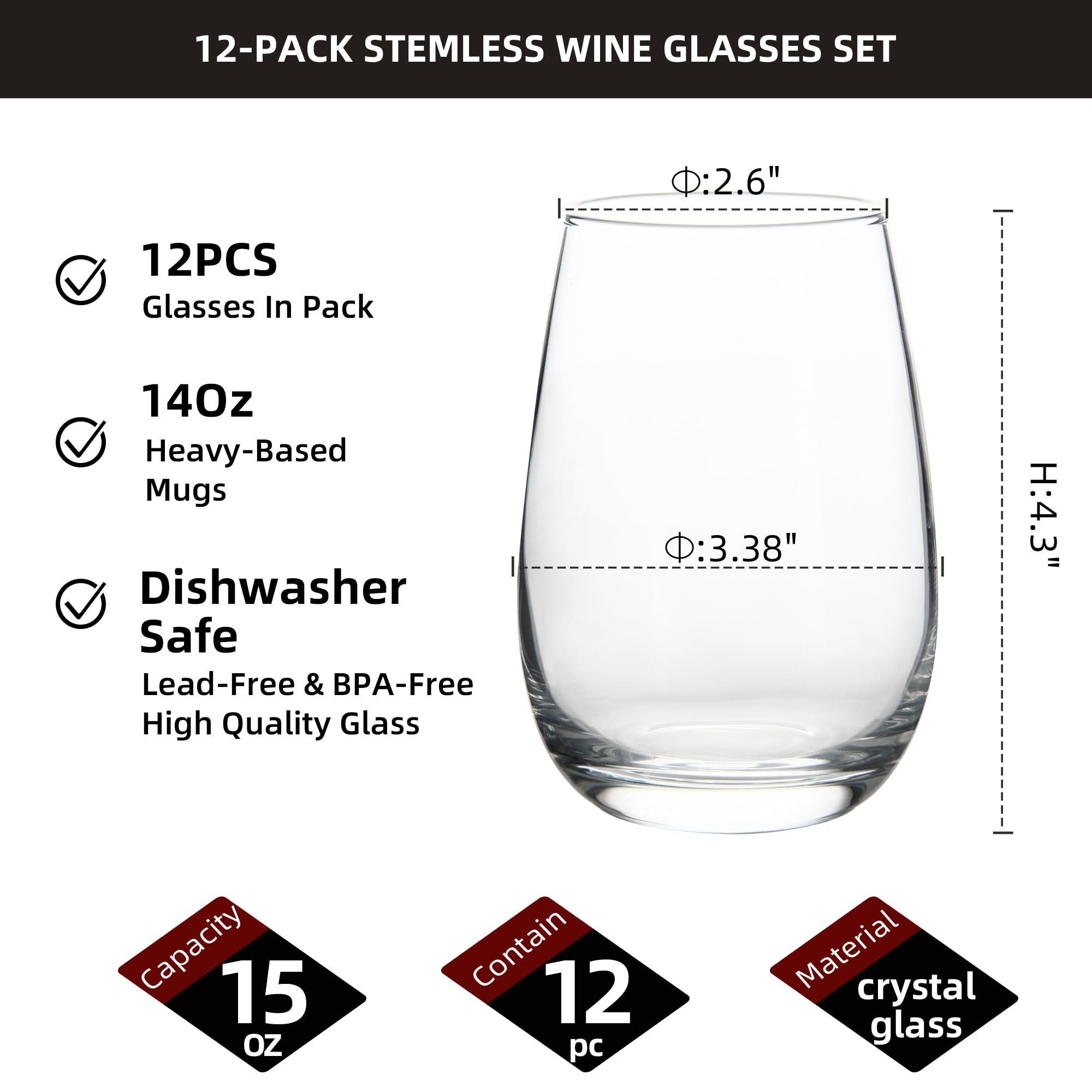 UMEIED Stemless Wine Glasses Set of 12, 14Oz Clear Red White Wine Glass for Home Party Wedding Anniversary