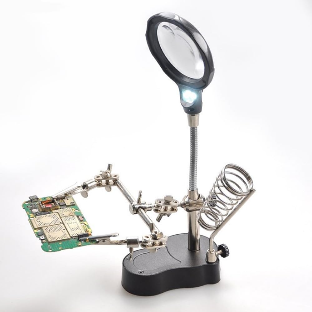 Adjustable Helping Hands Soldering Station, 3.5X 12X Magnifying Glass LED Lighted Magnifier with Auxiliary Clips Alligator Clamp Repair Tools Kit for Craft Carving Soldering, Assembly (Modern)
