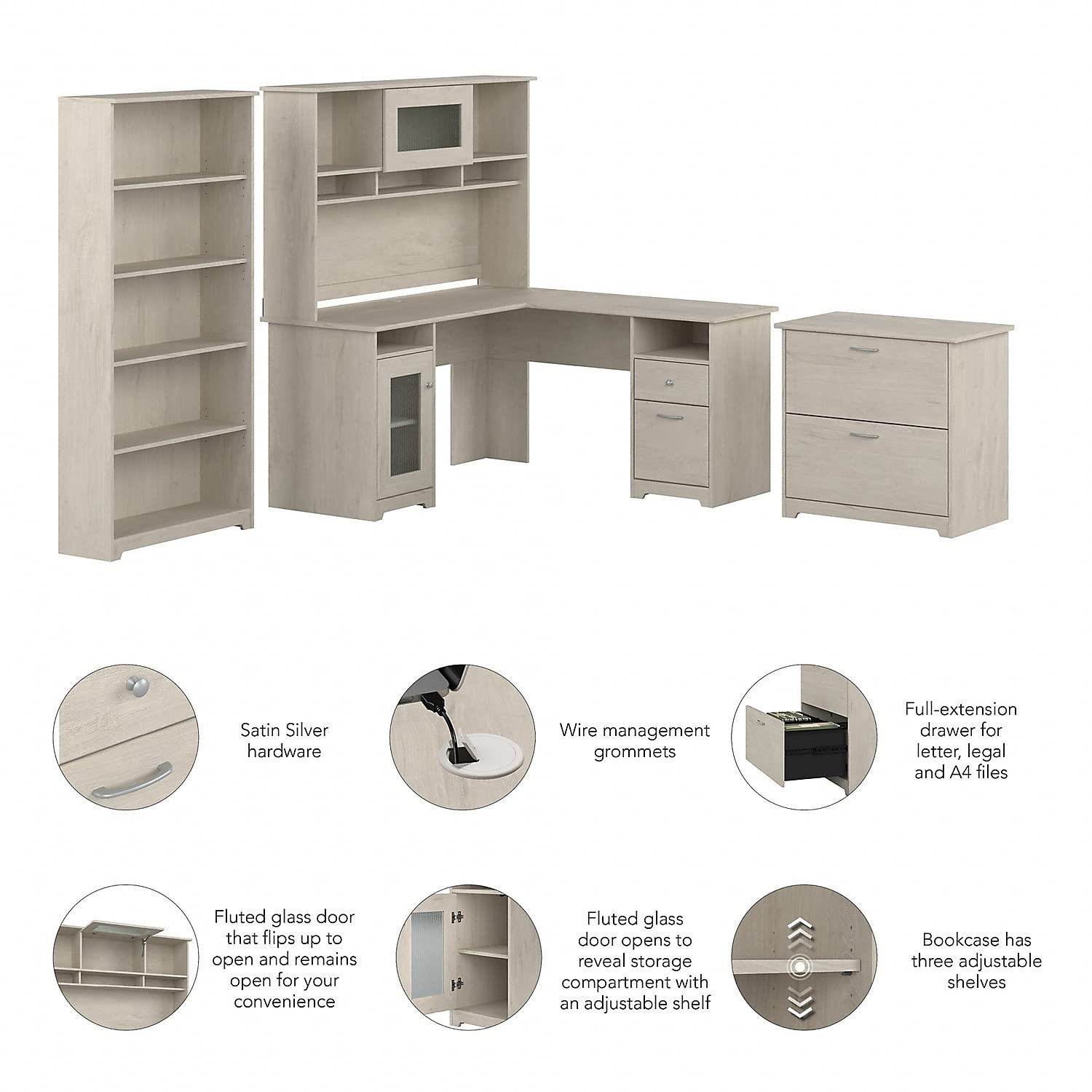 Bush Furniture L Shaped Desk with Hutch, 5 Shelf Bookcase and Lateral File Cabinet | Cabot Collection Corner Computer Table with Storage and Bookshelf | 60Wx23DX37W