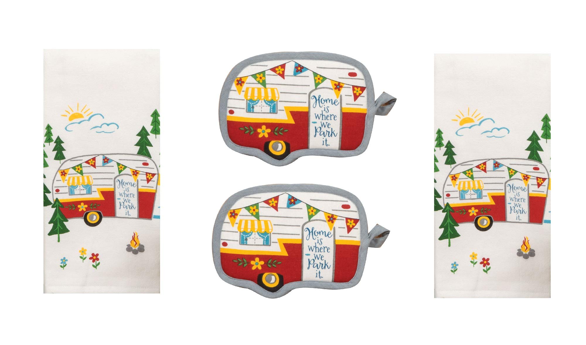 4 Piece Home Is Where We Park It Happy Camper Kitchen Towel Bundle, 2 Towels and 2 Potholders