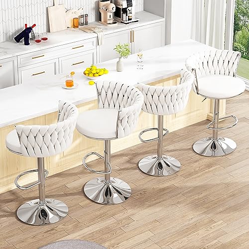 AWQM Velvet Bar Stool Set of 4,Counter Height Barstools Adjustable Kitchen Island Chairs,Swivel Bar Stools Upholstered Bar Chairs Counter Stool Armless Chairs with Back & Footrest, Beige