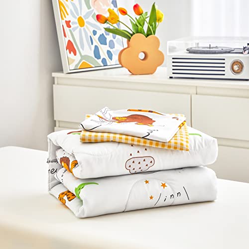 Flysheep 4 Piece White Toddler Bedding Set for Baby Girls and Boys, Cute Animals Printed - Includes Quilted Comforter, Flat Sheet, Fitted Sheet & Pillow Case, Soft Microfiber