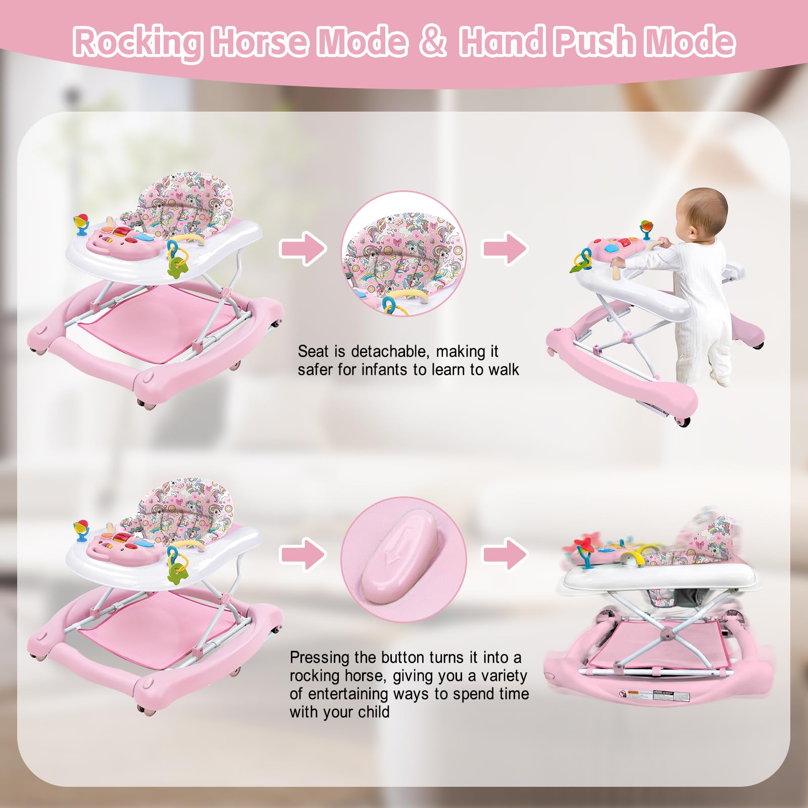 5 in 1 Foldable Baby Walker, Activity Baby Walker-Baby Bouncer, Rocker, Activity Center,Seat and Push Walker,Detachable Trampoline Mat, Adjustable Speed Rear Wheels and Height,Ages 6-18 Months(Pink)