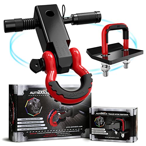 AUTMATCH Shackle Hitch Receiver 2 Inch with Hitch Tightener Anti-Rattle Clamp, 3/4" D Ring Shackle and 5/8" Trailer Hitch Lock Pin, Heavy Duty Receiver Kit for Vehicle Recovery, Red & Black