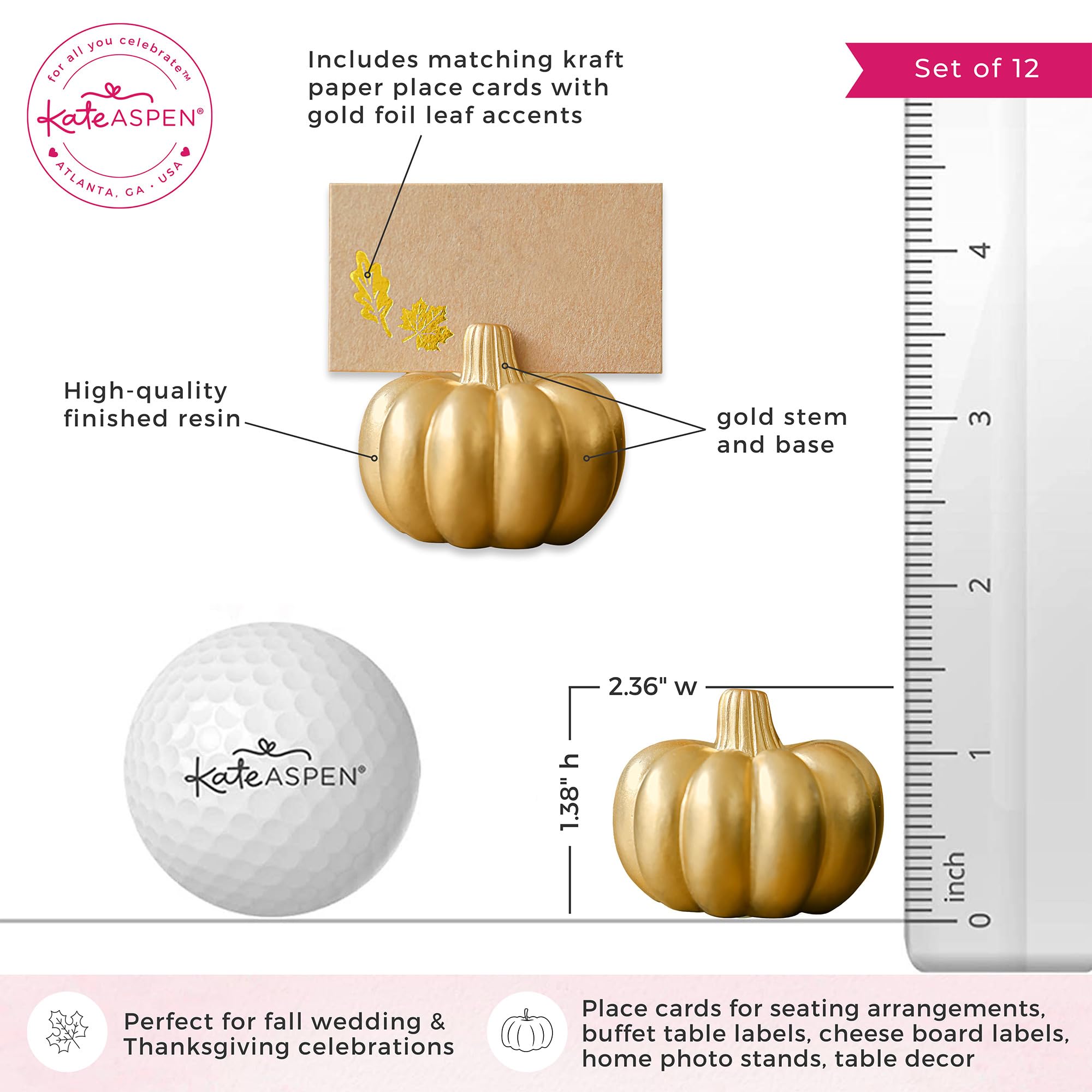 Kate Aspen 36pcs Fall Decor Gold Pumpkin Place Card Holder, Place Settings, Perfect for Thanksgiving Table Decor, Fall Themed Weddings, Bridal Brunches (Place Cards Included)