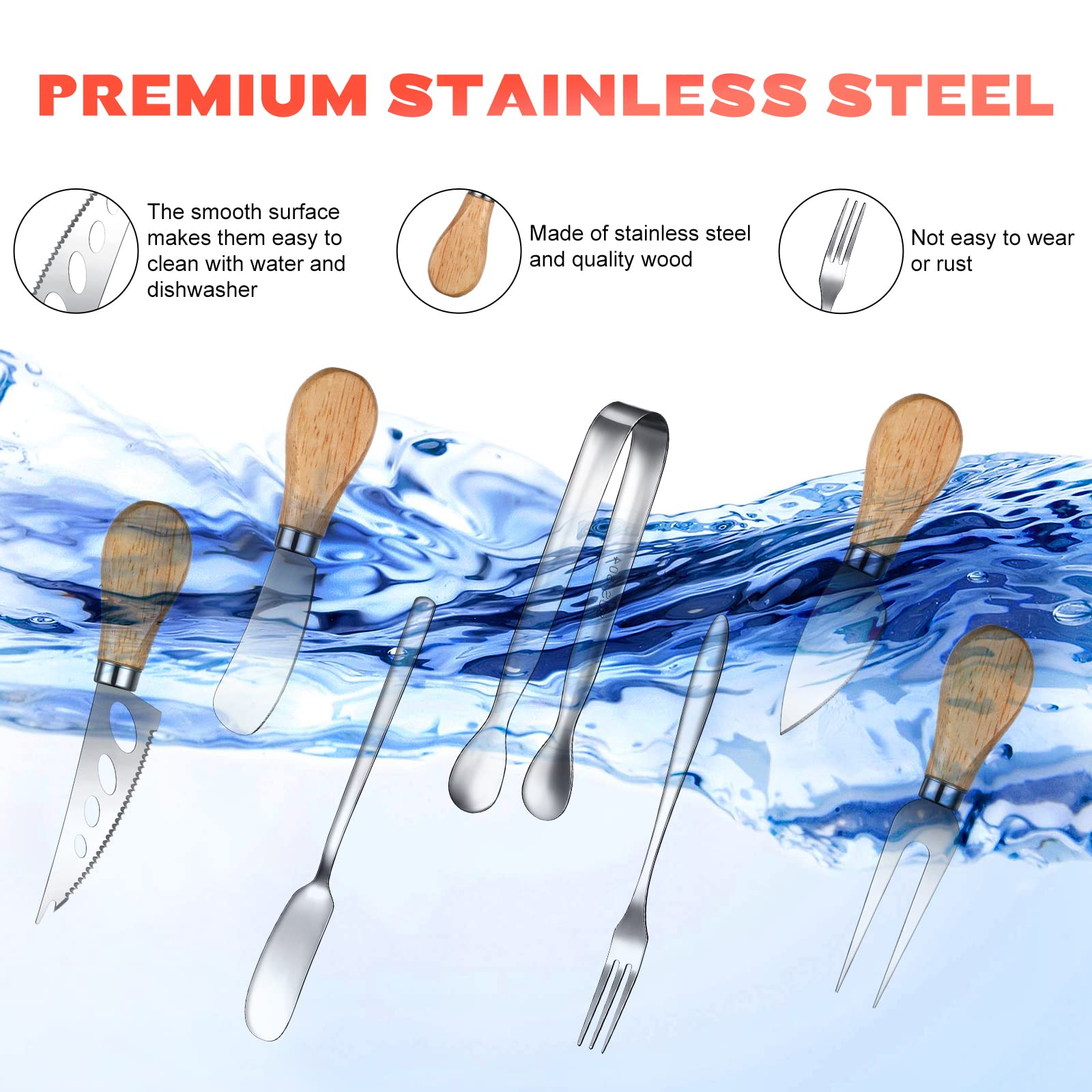 48 Pieces Cheese Knife Set Include 8 Pieces Stainless Steel Cheese Spatula Set with Wooden Handles 40 Pieces Stainless Steel Cheese Spatula Set for Birthday Wedding Christmas