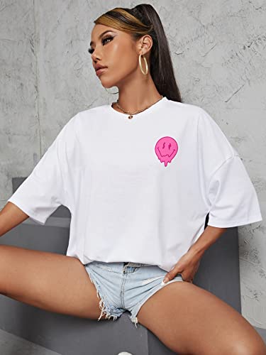 Cozyease Women's Graphic Tees Slogan Print Short Sleeve Round Neck Oversized T Shirt White and Pink XL