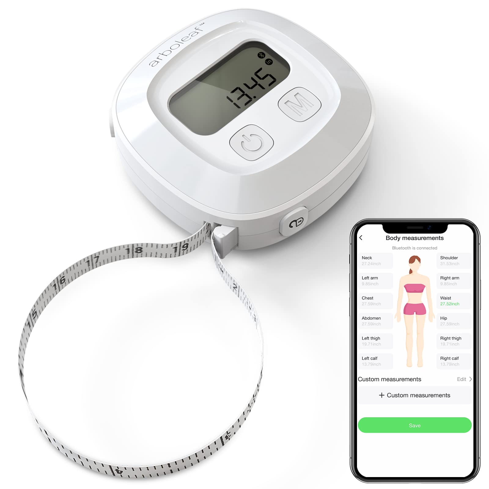 arboleaf Digital Body Measuring Tape, 60in Body Tape Measure, Bluetooth Measuring Tape for Body Measurements, Body Measurement Tape for Weight Loss, Locking, Retractable