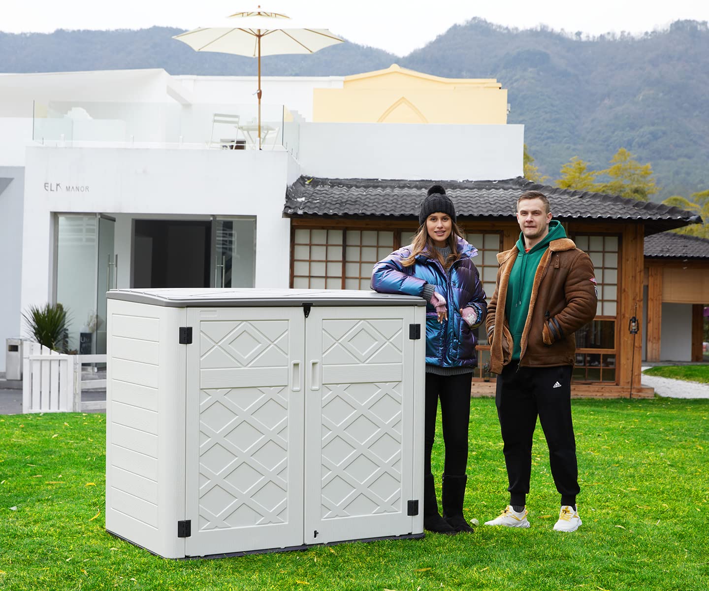 ADDOK 2SG Larger Horizontal Storage Shed Wood-Like, 4.4 x 2.8 ft Outdoor Storage Cabinet Lockable, Thick Resin Storage Unit for Trash Cans, Yard Tools（Large Begie White/37 Cu. ft