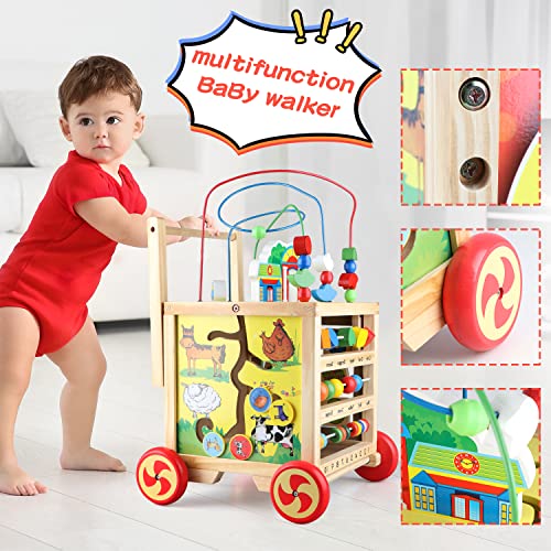 FOPNETS Wooden Toys for 1 2 Year Old Boys Girls Activity Cube Gift Set Developmental Montessori Learning Educational Toys for Toddlers Removable Bead Maze Shape Sorter 6 in 1 First Birthday Gifts