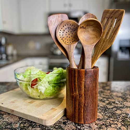 5 Piece Teak Wooden Cooking Spoons Set and Wooden Holder for Storage, Includes Spatulas, Ladle, Strainer, and Mixing Spoon