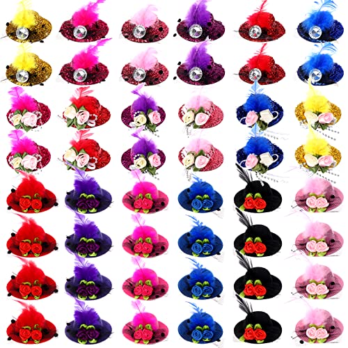 48 Pieces Mini Hat Hair Clip Mini Top Hat Fascinator Decorative for Girls Women Feather Lace Clip Tea Party Hair Accessories