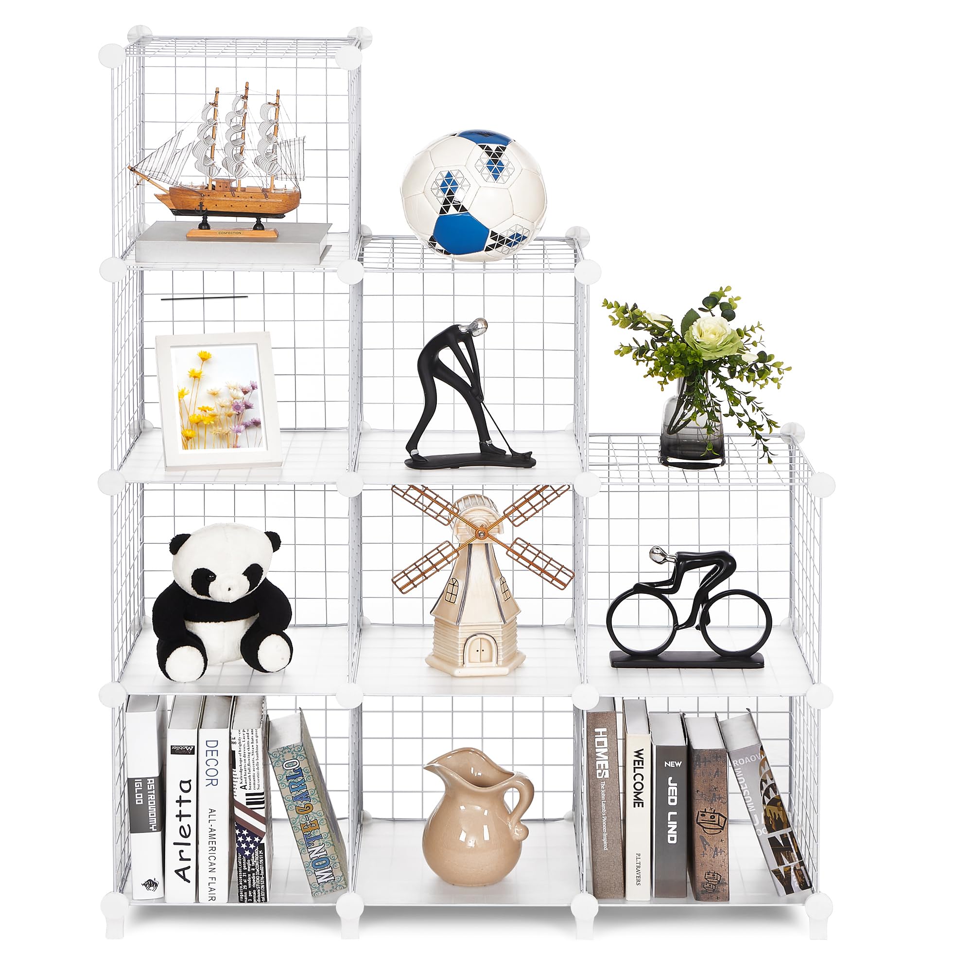 ANWBROAD Wire Cube Storage Organizer 9 Cube Metal Grids Shelves Storage Bins Shelving Stackable Modular Bookshelf Shelf Cubbies Unit Closet Cabinet for Living Room Office White LWT009T