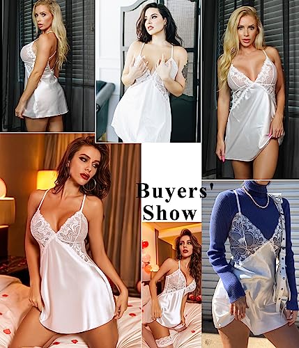 Avidlove Women Satin Sleepwear Wedding Nightgown White Lingerie Lace Chemise White M