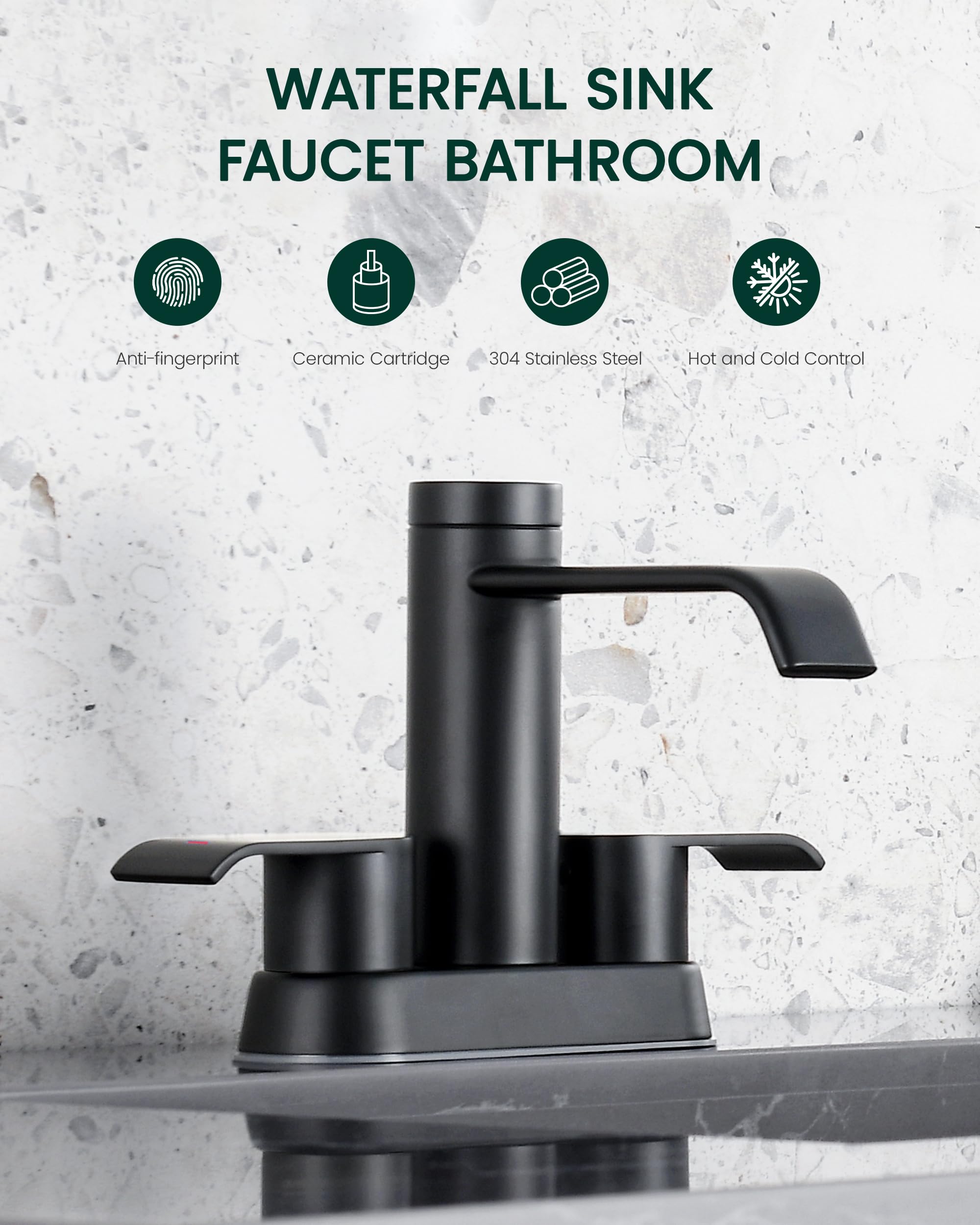 Matte Black Waterfall Bathroom Sink Faucet - HEISOK 4 Inch Bathroom Faucet with Overflow Pop Up Drain & Supply Hose, Stainless Steel 2 Handles Centerset Lavatory Vanity Bath Faucet for 2 or 3 Hole