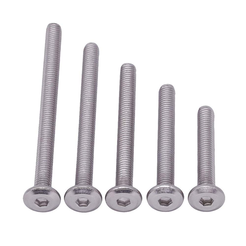 M6 x 50mm, 55mm, 60mm, 65mm, 70mm Stainless Steel Furniture Bolts Flat Socket Head Cap Screws Assortment 25 PCS, 304 Stainless Steel 18-8, Full Thread, Bright Finish