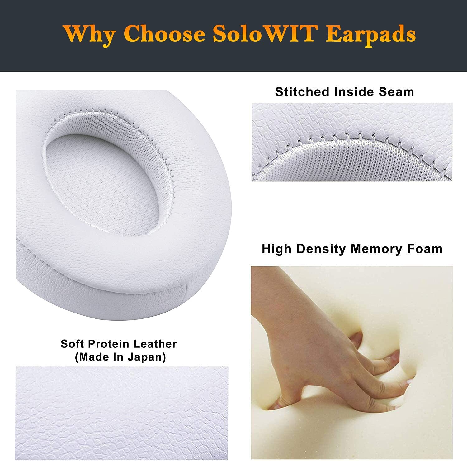 SoloWIT Earpads Cushions Replacement for Beats Solo 2 & Solo 3 Wireless On-Ear Headphones, Solo2 Solo3 Ear Pads with Soft Protein Leather, Added Thickness - (White)