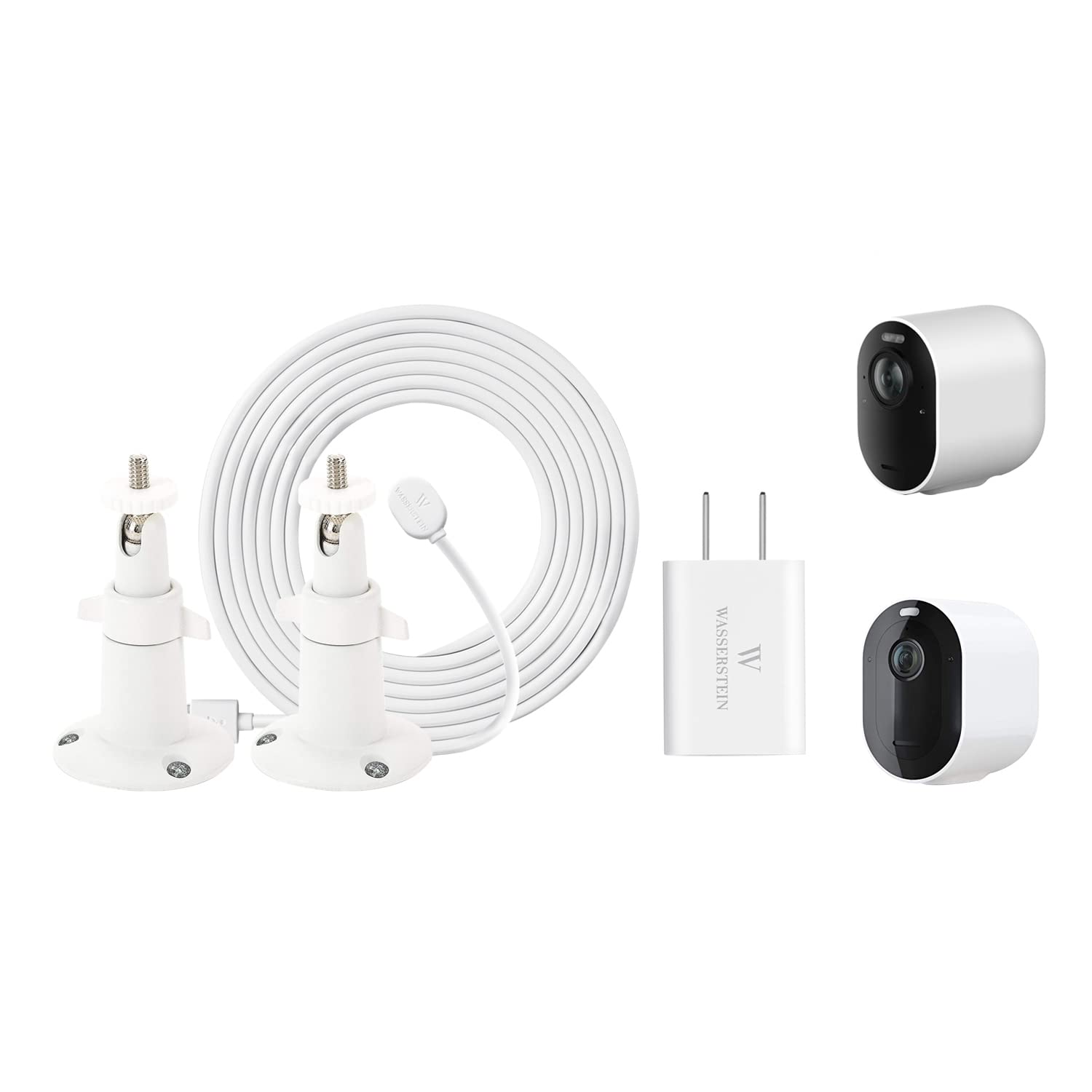 Wasserstein Bundle - Arlo White 16ft Weatherproof Magnetic Charging Cable & 2-Pack White Adjustable Metal Mount Compatible with Arlo Pro 3/Pro 4 & Arlo Ultra/Ultra 2 ONLY