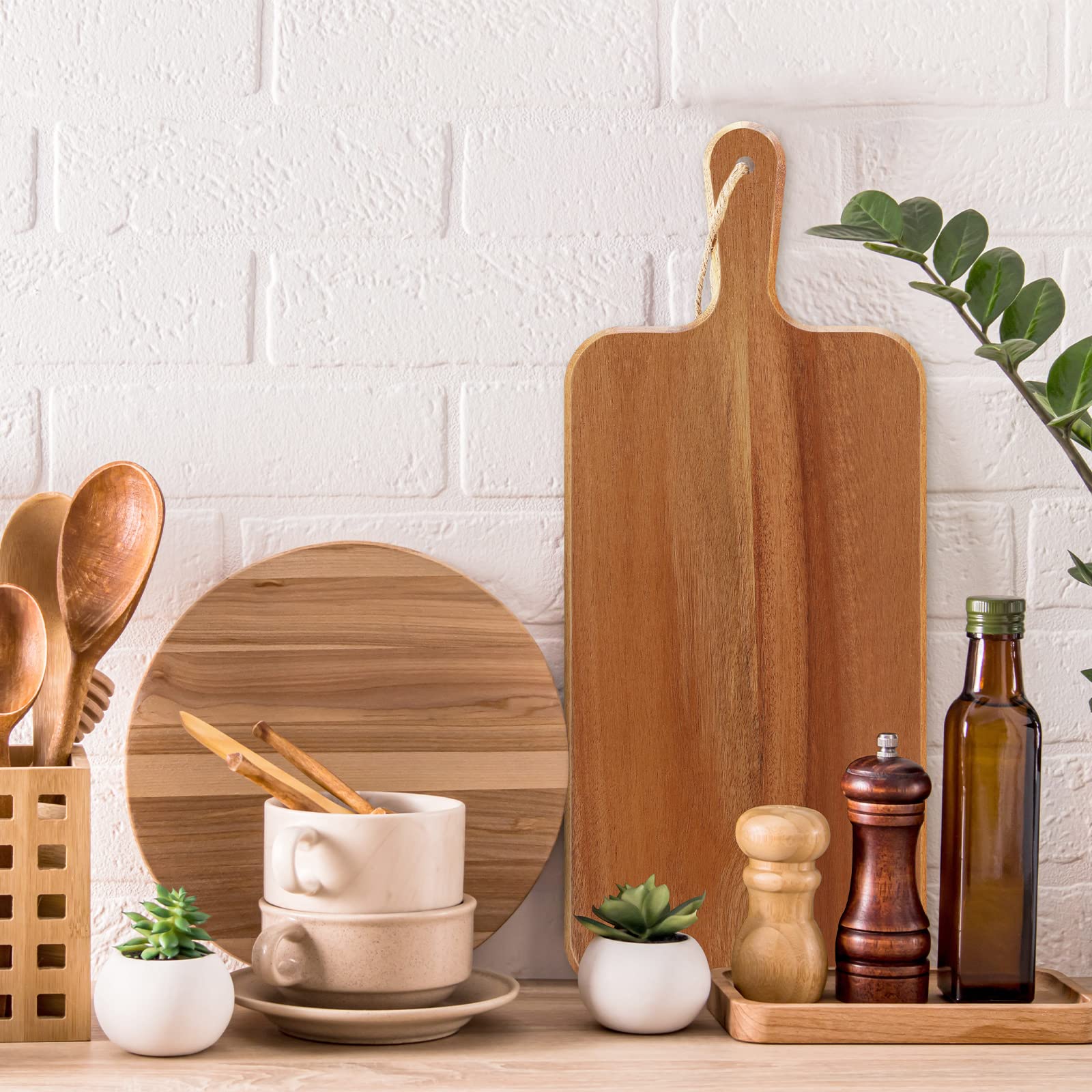 6 Pack Acacia Wood Cutting Board with Handle Wooden Kitchen Chopping Boards Large Wooden Charcuterie Boards Cheese Serving Board Wooden Cutting Board for Meat Cheese Bread Vegetables Fruit (17 x 7 In)