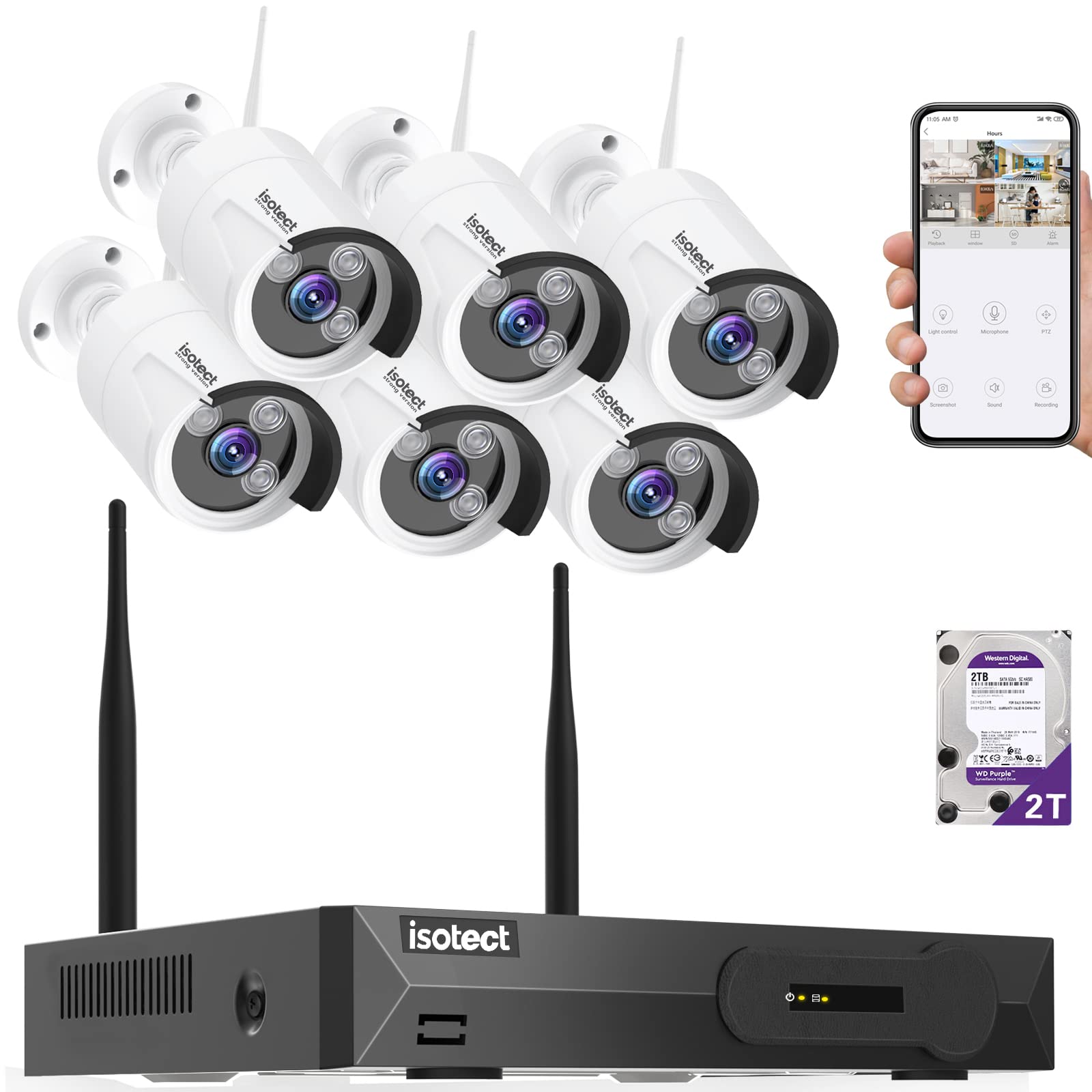 ISOTECT [Newest Strong Version WiFi] Wireless Security Camera System,8CH Full HD 1080P Video Security System, 6pcs Outdoor/Indoor IP Security Cameras, 65ft Night Vision and Easy Remote View, 2TB HDD