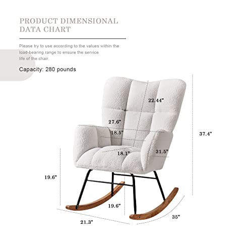 Ljirnt Nursery Rocking Chair, Teddy Fabric Upholstered Glider Rocker with High Backrest, Modern Rocking Accent Chairs Comfy Side Chair for Nursery, Bedroom, Living Room (Ivory)