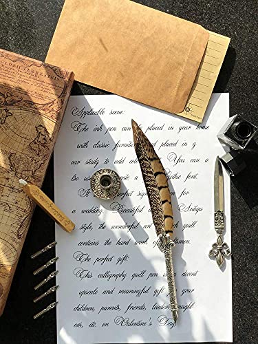 SCHOWE Antique Two-Color Feather Pen Quill Pen Dip Pen With Envelope Writing Paper Calligraphy Pen and Ink Set(pheasant)