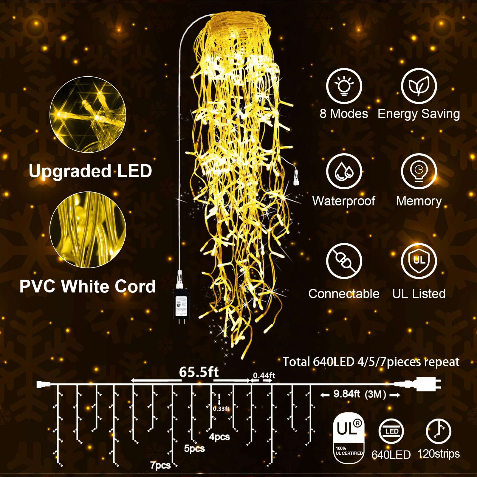 66ft Christmas Lights Outdoor Decorations 640 LED Long Xmas Curtain Fairy String Lights Plug in with Clear Wire 8 Modes Waterproof Memory Timer for Outside Holiday Wedding Party Decor-Warm White