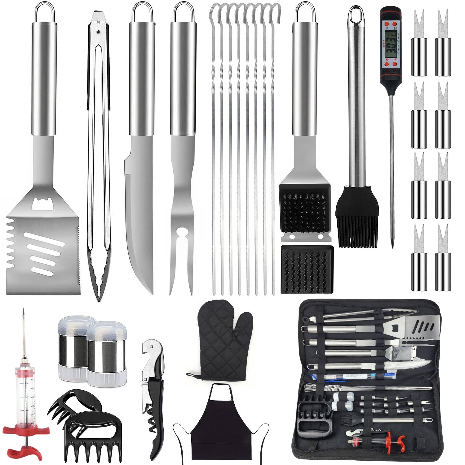 33PCS Grill Accessories, Stainless Steel BBQ Grilling Accessories for Outdoor Grill with Thermometer Injector, Easy Carring Grill Set with Canvas Bag, Barbeque Grill Tools Gift for Dad, Men, Son