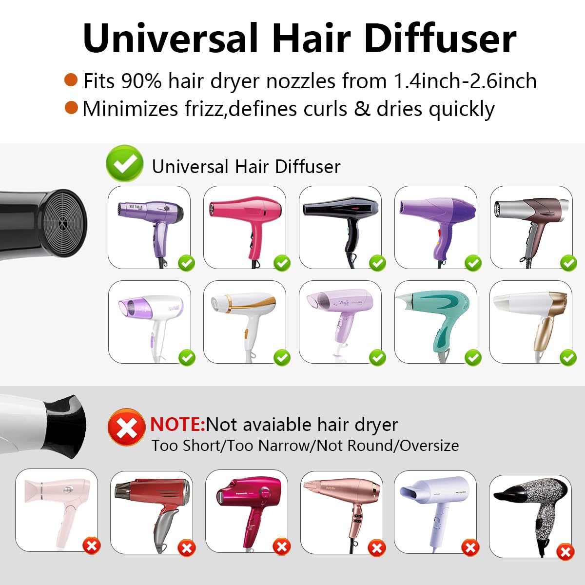 Hair Diffuser Attachment for Blow Dryers - Universal Fit for Fine, Thick, Curly, Wavy or Frizzy Hair - Professional Salon Tool (1.4-2.6 inch)