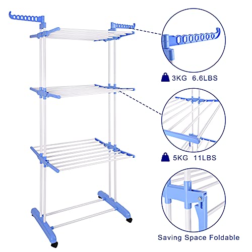 Aquaterior Folding 3 Tier Clothes Drying Rack Rolling Collapsible Garment Laundry Dryer Hanger Stand Rail with Two Side Wings Indoor Blue
