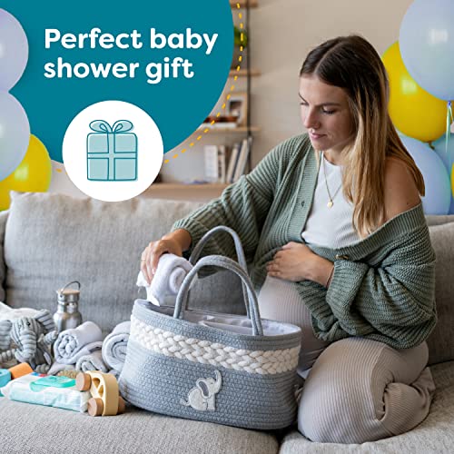 Cradle Star Diaper Caddy Organizer – Portable Baby Basket Diaper Storage Organizer with Compartments – Baby Diaper Caddy for Changing Table Nursery, Elephant Baby Shower Gifts - 100% Cotton Rope, Gray