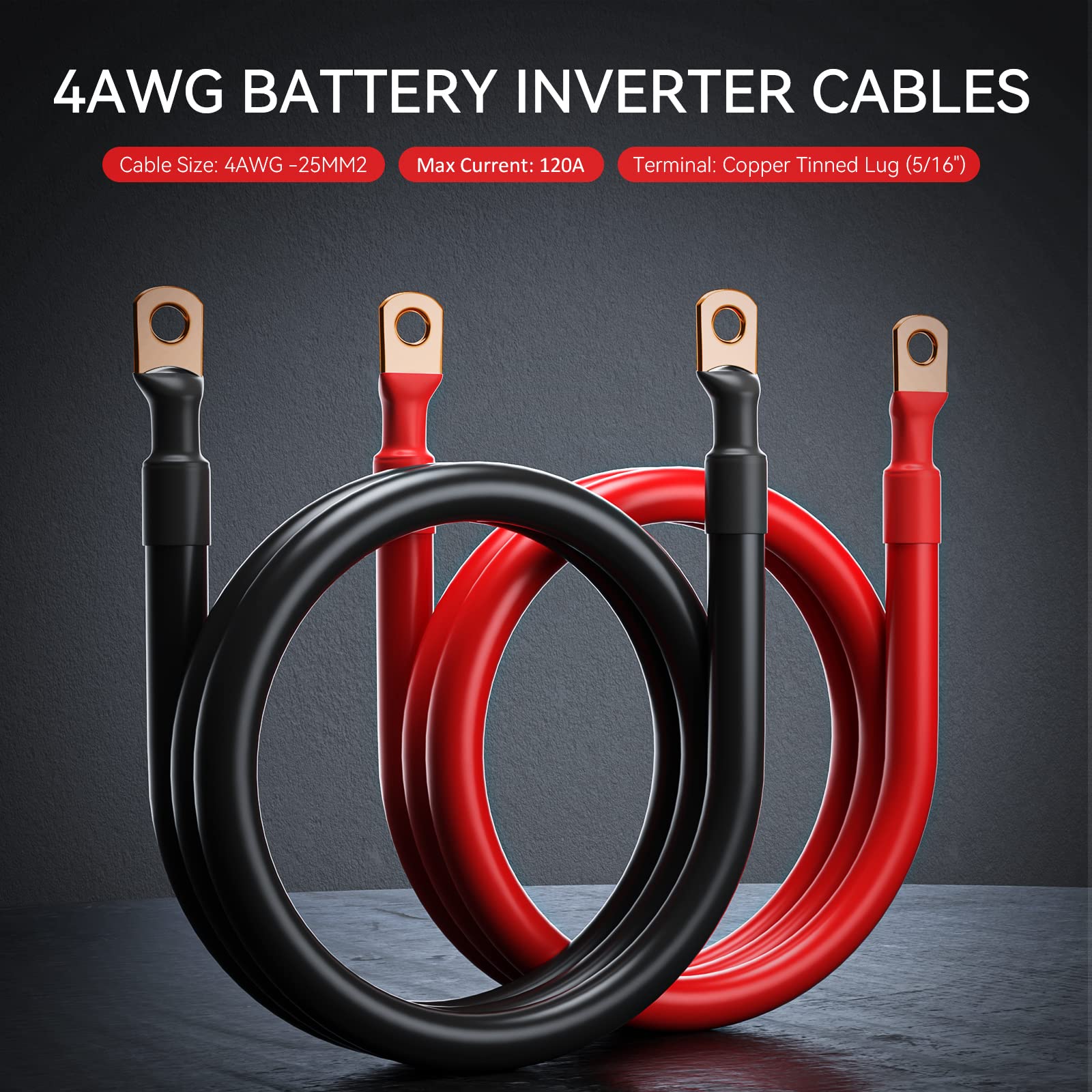 4AWG Battery Cable 3Ft, Parallel Battery Inverter Cables 4 Gauge 3 Feet fit for Solar, RV, Car, Boat, Pure Copper Battery Connection Cables with Heavy Duty 5/16" Lugs on Both Ends (Black & Red)