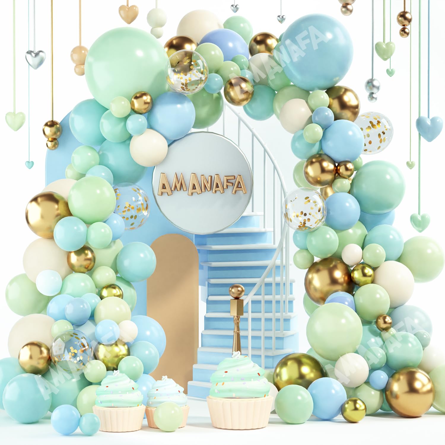 Dusty Blue Green Balloon Garland Arch Kit Blue Green White Sand Gold Confetti Balloons for Bridal Boho Birthday Party Backdrop Decorations