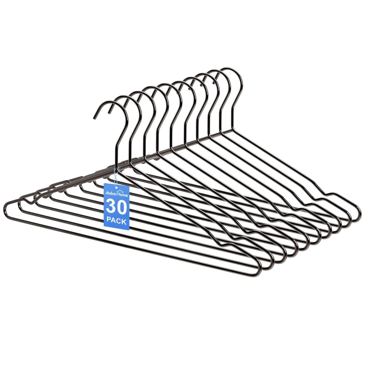 Amber Home 30 Pack 17" Strong Black Metal Wire Clothes Hangers, Heavy Duty Coat Hangers, Standard Suit Hangers for Jacket, Shirt, Dress (Black, 30)