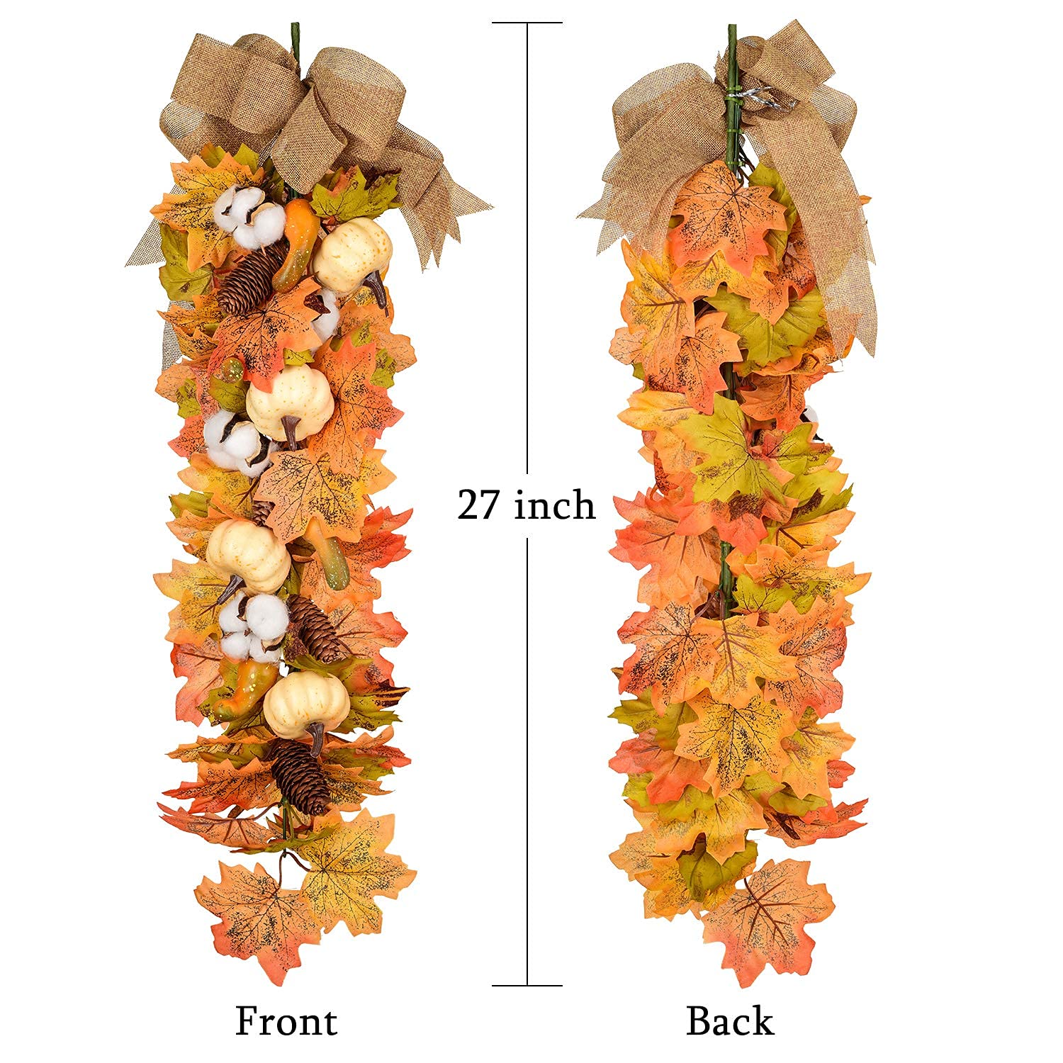 27Inch Artificial Fall Maple Swag, Decorative Swag with Autumn Leave,Pumpkin, Pine Cone,Cotton Ball Garland for Autumn Wedding Door Fireplace Thanksgiving Dinner Party