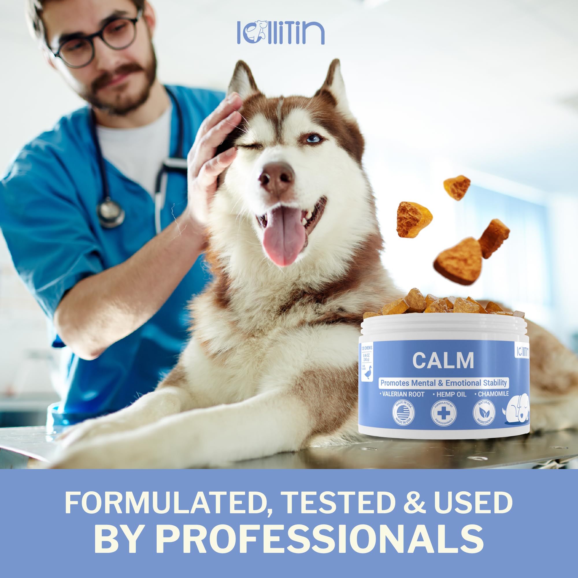 Lollitin Calming Chews for Dogs - Separation Anxiety, Grooming, Fireworks, Storms, Barking - Reduce Stress, Tension - All-Natural - Duck Flavor - 120 Chews - Small, Medium, Large Dogs, All Breeds