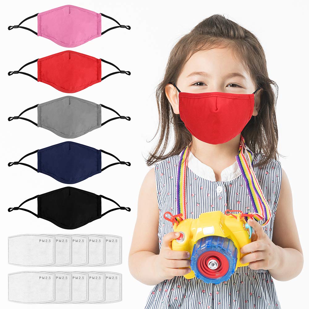 5 Pack Kids Reusable, Washable Facial Cotton Covering for Children- Includes 10Pcs Filters