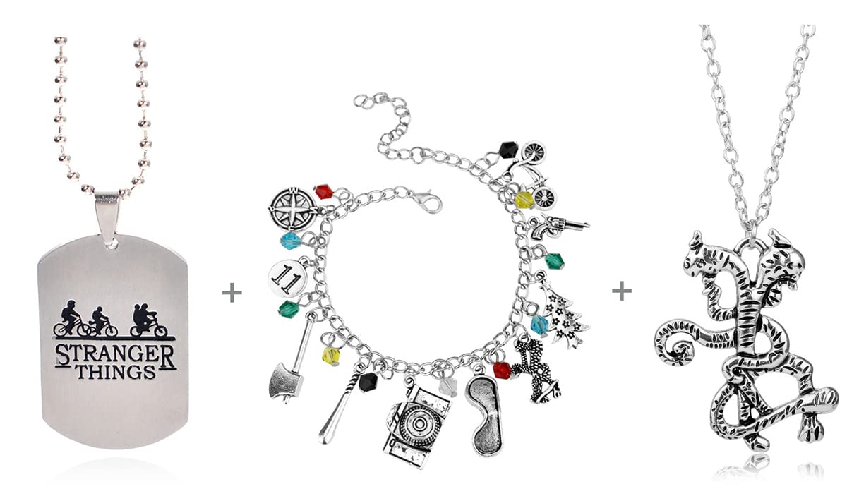 3 Pack Stranger Things Themed Charms Bracelet + Pendant Necklaces Eleven Demogorgon