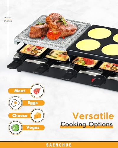 Saenchue Raclette Table Grill - Indoor Electric Grill Griddle - Nonstick Extra Large Reversible 4-In-1 Outdoor Dishwasher Safe with Cheese 12 Paddles 12 Spatulas for 12 Person, FD-12