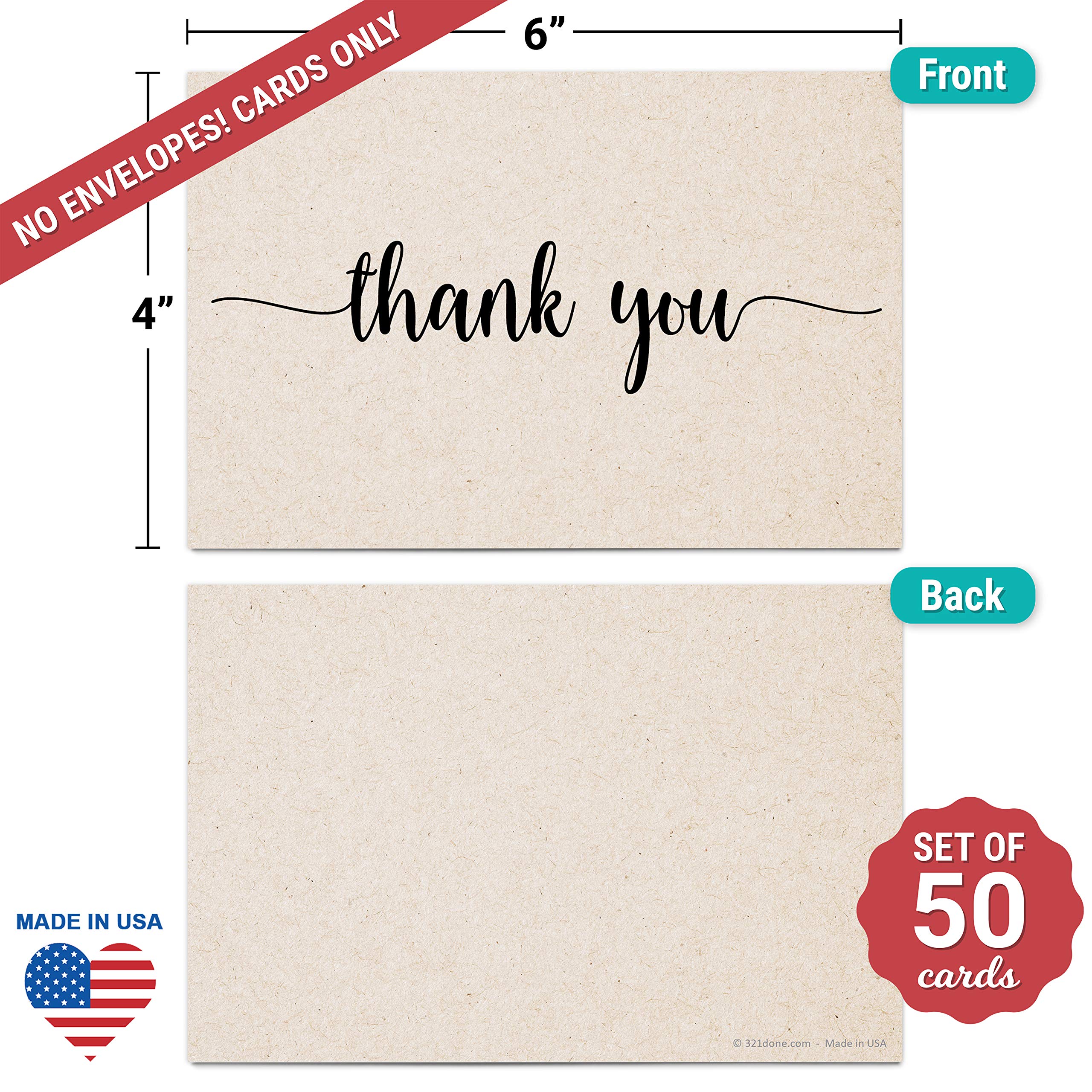 321Done Thank You Note Cards (Set of 50) 4x6 - Blank on Back - Made in USA, Cute Modern Script Kraft Tan Thick Cardstock, Large