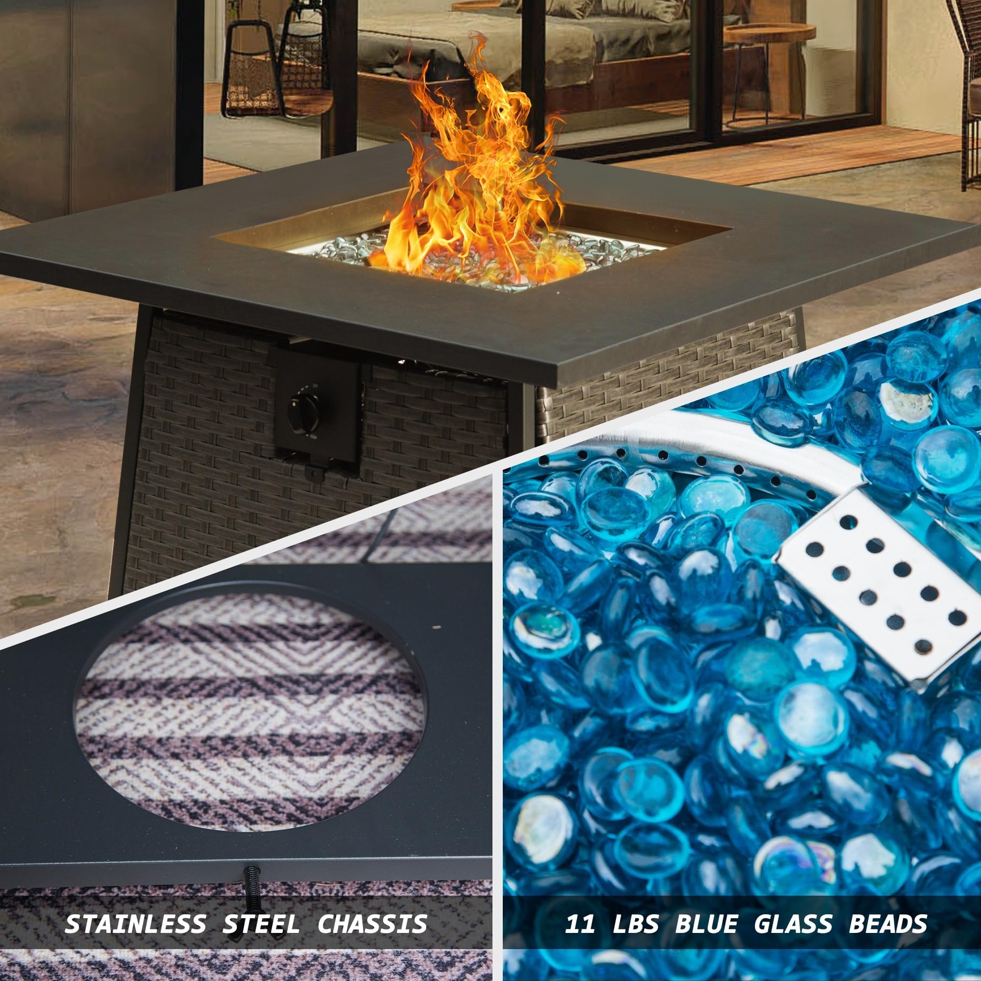 28 Inch Propane Fire Pits Table with Blue Glass Btu Outdoor Wicker 2-in-1 Square Steel Gas Firepits Grey Metal