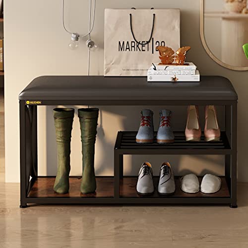 ALISENED Shoe Rack Bench for Entryway with Padded Seat,Industrial Entry Bench with Shoe Storage Shelf for Small Spaces,3-Tier Small Rustic Shoe Rack,Padded Storage Bench,Metal Frame,Space Saving