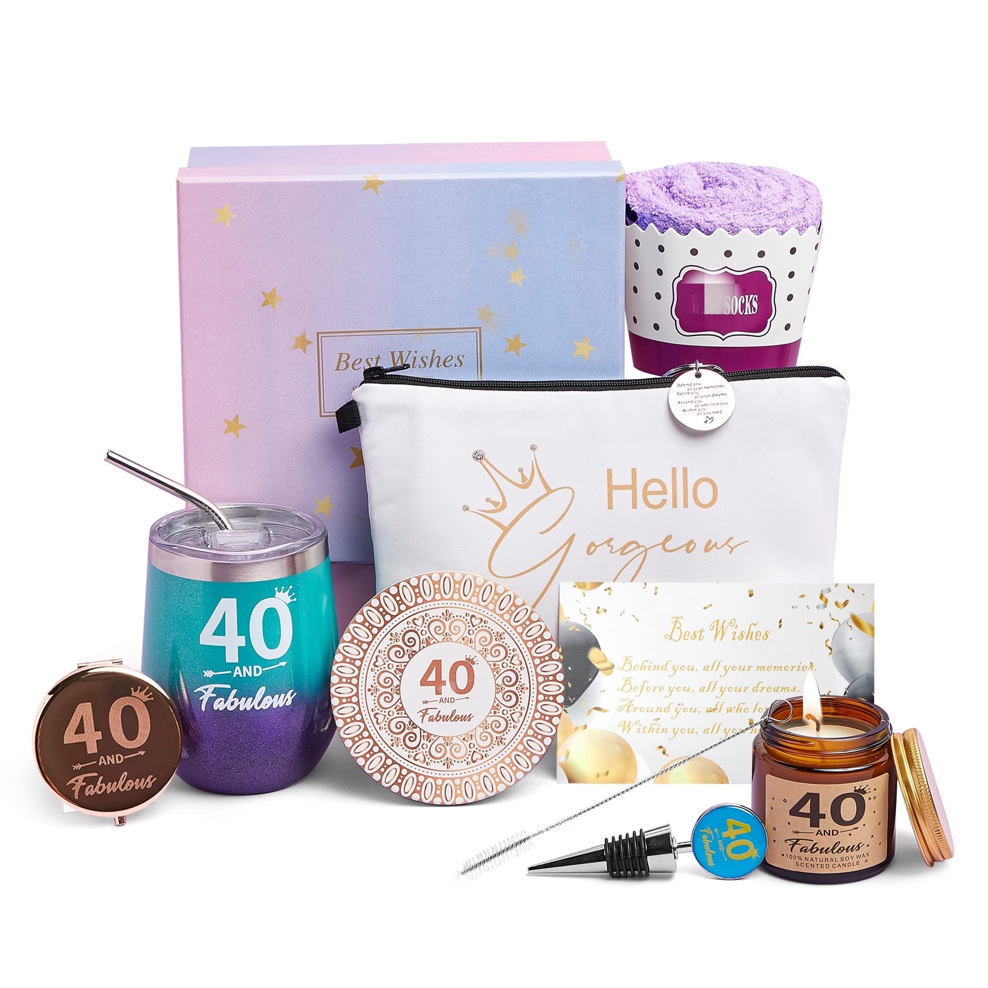 40th Birthday Gifts for Women - Birthday Gifts Box for Her Include Tumbler, Gift Cards,Socks, Straw, Candle, Coaster, Stopper and Brush - Ideal Birthday Gift Box for Women, Coworker, Sister, Aunt