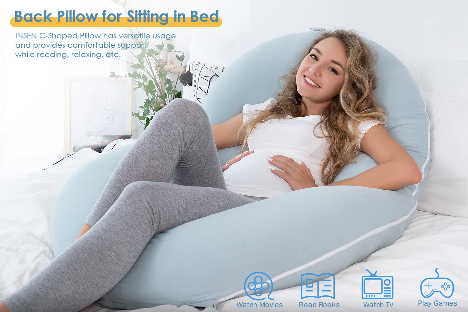 INSEN Pregnancy Pillow,Maternity Body Pillow with Velvet Cover,C Shaped Body Pillow for Sleeping (Green Jersey)