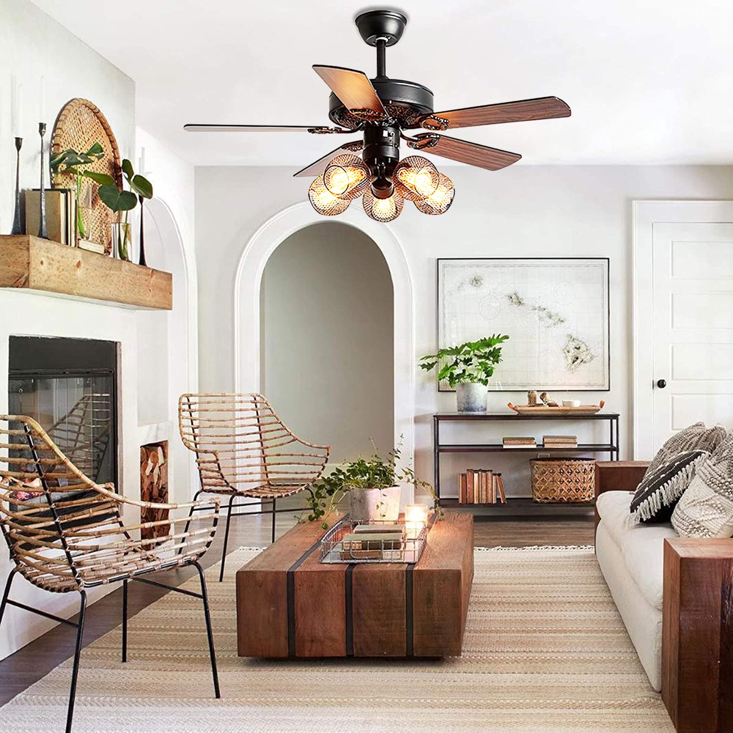 52" Farmhouse Ceiling Fan with Light Rustic Ceiling Fan with Light Ceiling Fan with Lights Remote Control Industrial Ceiling Fan with Light Vintage Ceiling Fan with Light for Bedroom Living Room