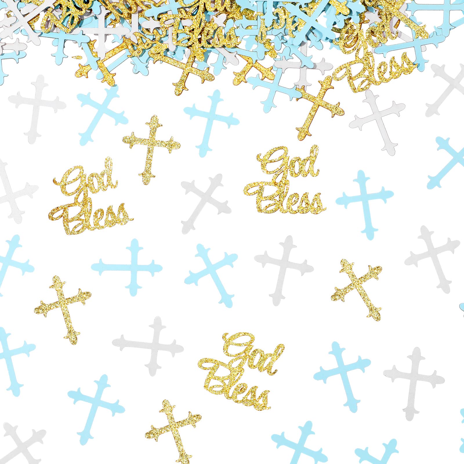 Marspark 300 Pcs Baptism Confetti Glitter Cross God Bless Table Confetti Cross Decorations for Baptism First Communion Baby Shower Birthday Gender Reveal Party Supplies(Blue, Gold, White)
