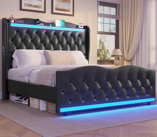 ADORNEVE LED Bed Frame Queen Size with Tall Headboard Footboard, Charging Station, PU Leather Upholstered Platform Queen Bed with Wingback Storage Headboard, Innovative Stable Structure, Black